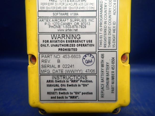 ARTEX 453-6603 ELT (Model ME406) w/ Tray Antenna and Remote Switch